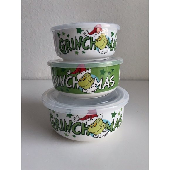 Dr. Seuss | Kitchen | Set Of 3 Grinch Grinchmas Christmas Bowls Food ...